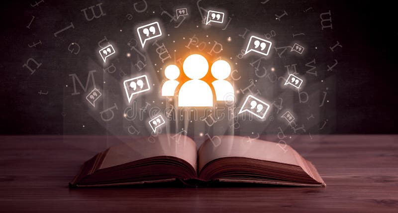 Open Book with Social Networking Icons Above Stock Photo - Image of ...