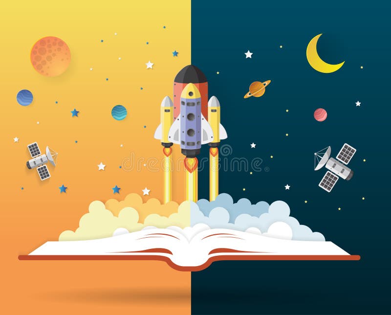 Open Book with Solar System, Space Shuttle, Planets, Stars, Earth ...