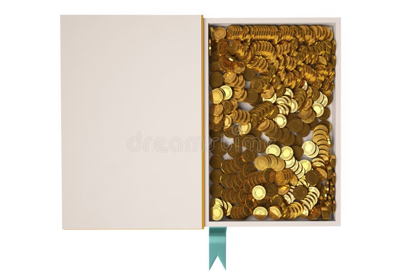 An Open Book, Some Gold Coins Inside the Book.3D Illustration. Stock ...