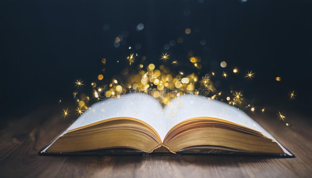 Open Book with Sparkles on Table. Magic Composition in Dark Room Stock ...