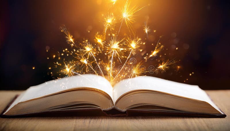 Open Book with Sparkles on Table. Magic Composition in Dark Room Stock ...