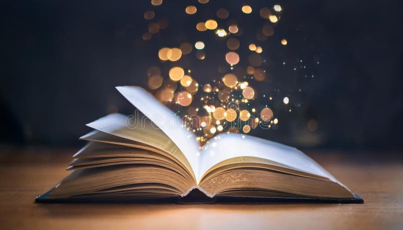 Open Book with Sparkles on Table. Magic Composition in Dark Room Stock ...