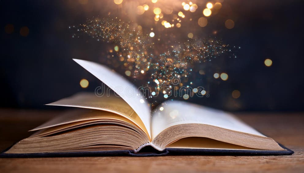 Open Book with Sparkles on Table. Magic Composition in Dark Room Stock ...