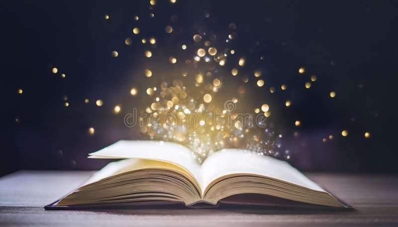 Open Book with Sparkles on Table. Magic Composition in Dark Room Stock ...