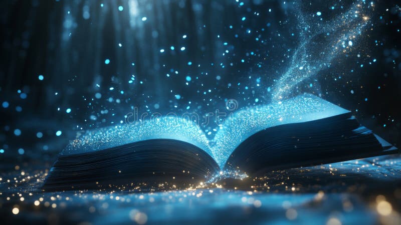 Open Book with Sparkling Blue Light and Glittering Dust on a Dark ...