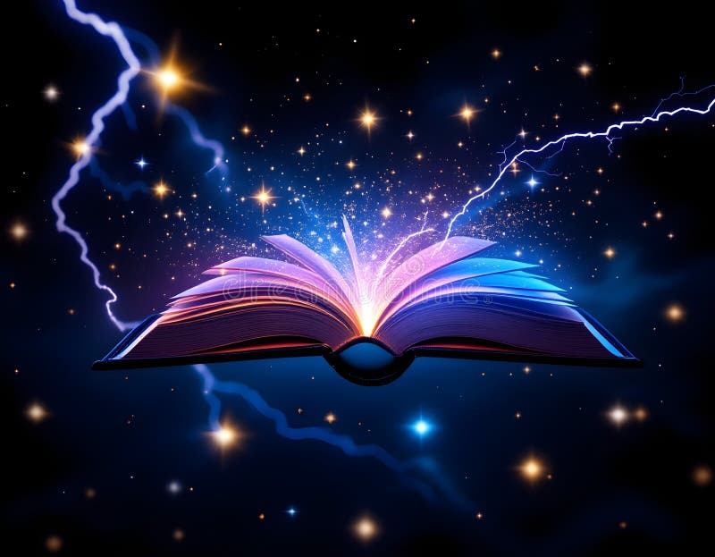 Open Book with Sparkling Glowing Light and Thunder Lightning Stock ...