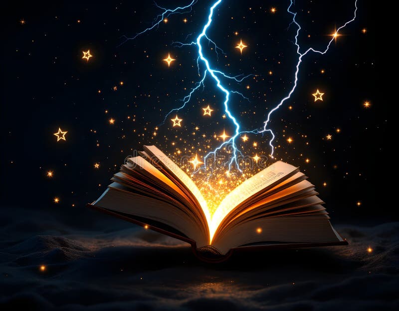 Open Book with Sparkling Glowing Light and Thunder Lightning Stock Illustration - Illustration ...
