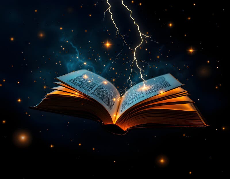 Open Book with Sparkling Glowing Light and Thunder Lightning Stock ...