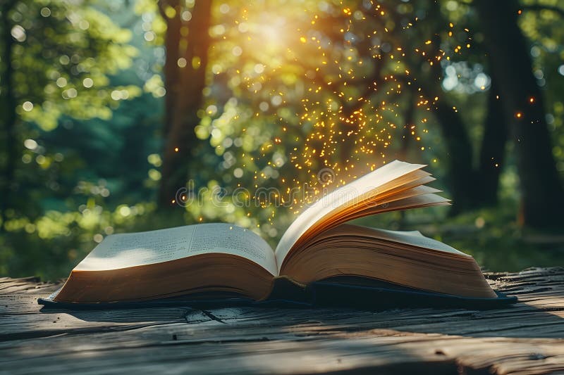 Open Book with Sparkling Lights on Wooden Table in Forest Magic of ...