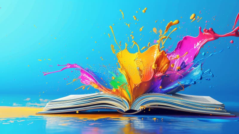 Open Book Splashing Colorful Paint Against Blue Background Stock Photo ...