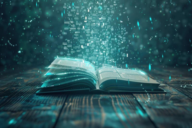 Open Book Spreading Magic with Glowing Letters Appearing on Wooden ...