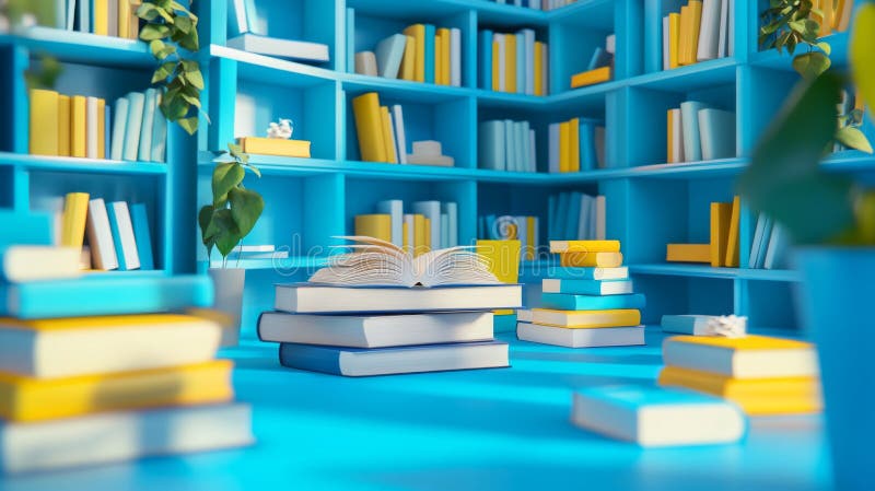Open Book on a Stack of Books in Front of a Blue Bookshelf Stock ...