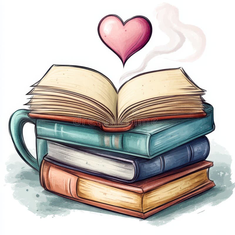 Open Book on a Stack of Books with a Heart Love Reading Cozy Stock ...