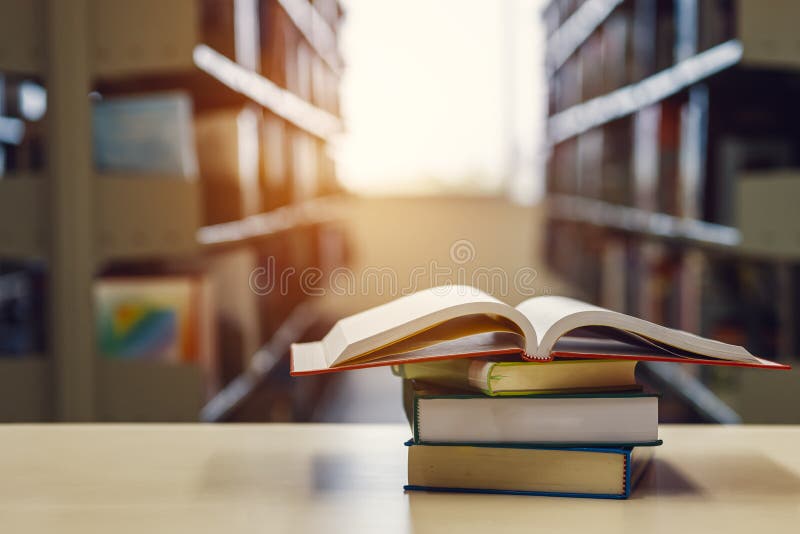 Open Book on Stack of Books in Library at School, University, College ...