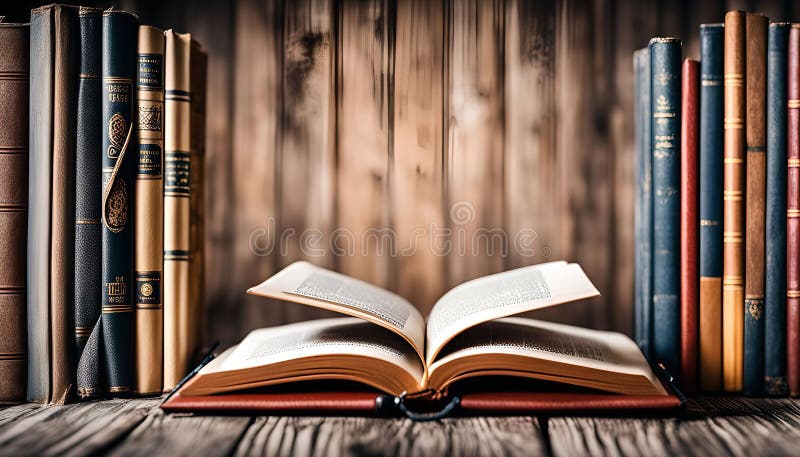 Open Book with Stack of Books Stock Illustration - Illustration of ...