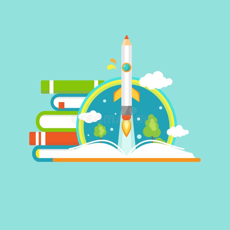 Open Book, Stack of Books, Rocket Pencil with Fire on Blue Background ...