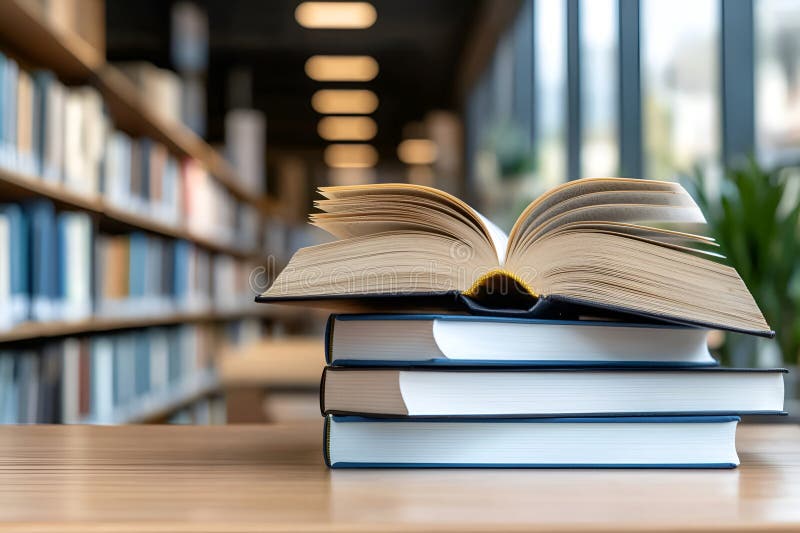 Open Book on Stack in Bright Library Interior with Rows of Shelves and ...