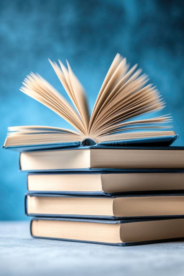 Open Book Stack Closed Books Against Blue Background Stock Photos ...