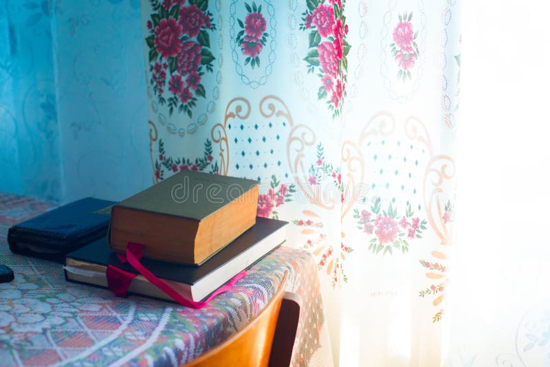Open Book, Stack of Hardback Books on Table. Top View. Stock Image ...