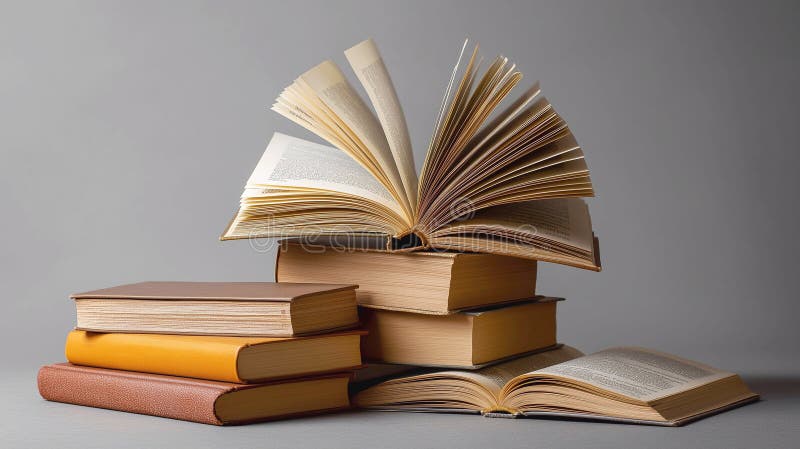 Open Book and Stack of Hardcover Books on the Table. Concept Back To ...