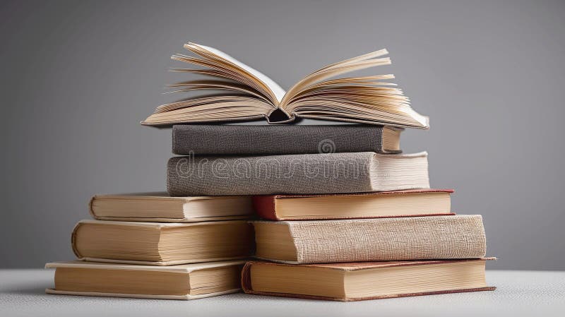 Open Book and Stack of Hardcover Books on the Table. Concept Back To ...
