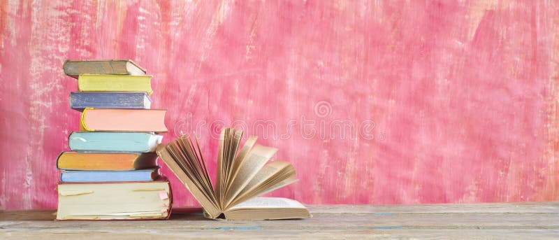 Open Book and Stack of Multicolored Hardback Books, Reading Education ...