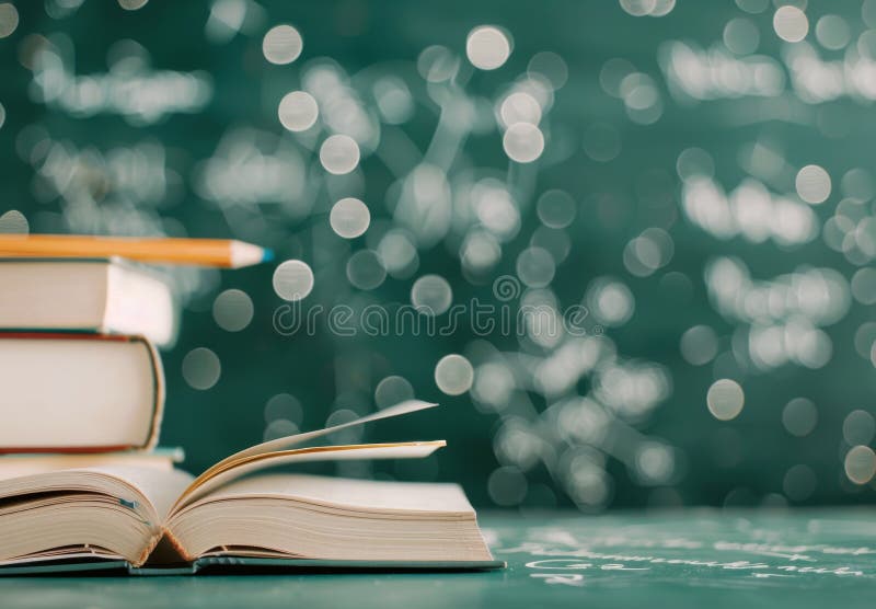 Open Book on Stack of Textbooks with Chalkboard Background and Blurred ...