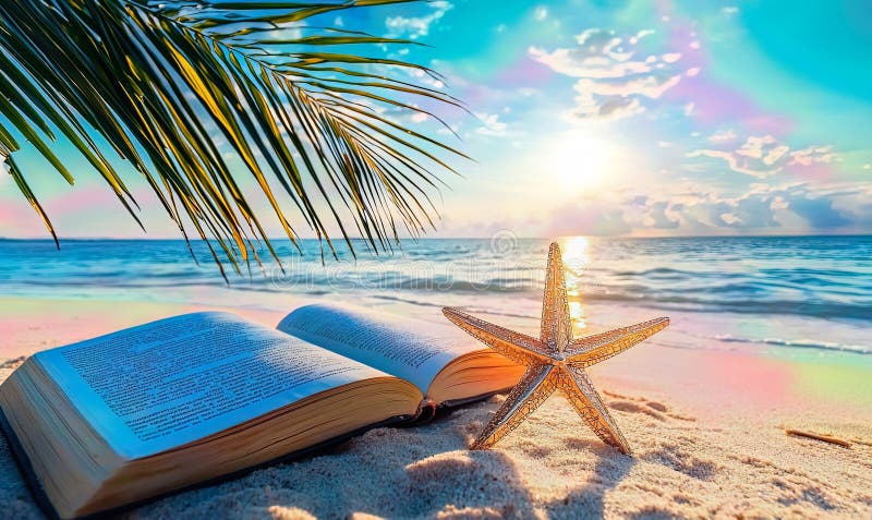 Open Book and Starfish on Beach at Sunset Under Palm Tree Stock ...