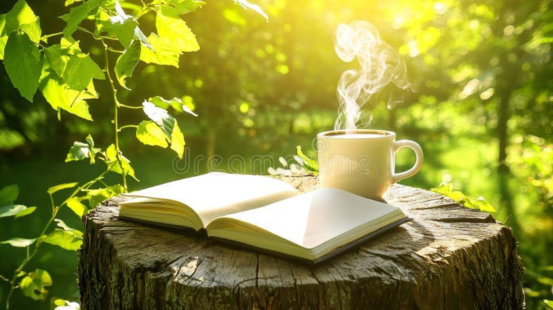 Open Book and Steaming Coffee Resting on Tree Stump in Nature Stock ...