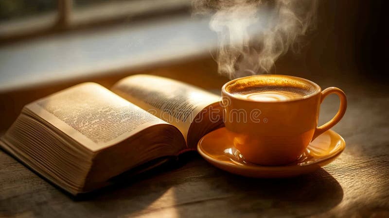 Open Book beside a Steaming Cup of Coffee. Stock Image - Image of ...