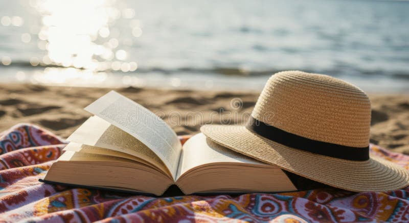 Open Book and Straw Hat on Sandy Beach Stock Illustration ...