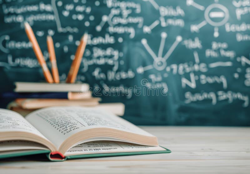 Open Book with Study Notes and Chalkboard in Classroom Setting Stock ...