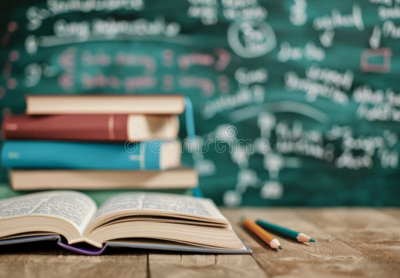 Open Book with Study Notes and Chalkboard in Classroom Setting Stock ...