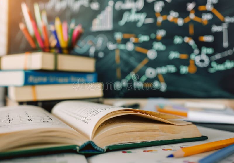 Open Book with Study Notes and Chalkboard in Classroom Setting Stock ...