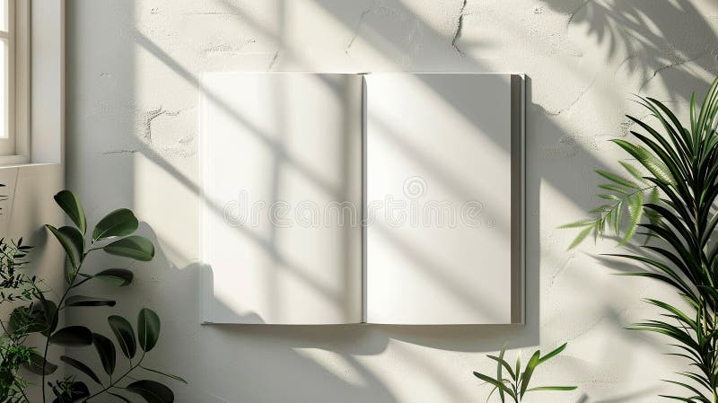 Open Book with Sunlight and Plant Shadows on a White Wall Stock ...