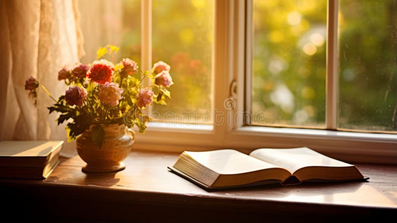 An Open Book on a Sunlit Windowsill with a View Stock Illustration ...