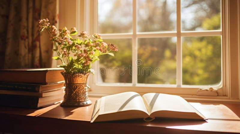An Open Book on a Sunlit Windowsill with a View Stock Illustration ...