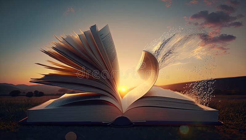 Open Book during Sunset with Clouds Stock Illustration - Illustration ...