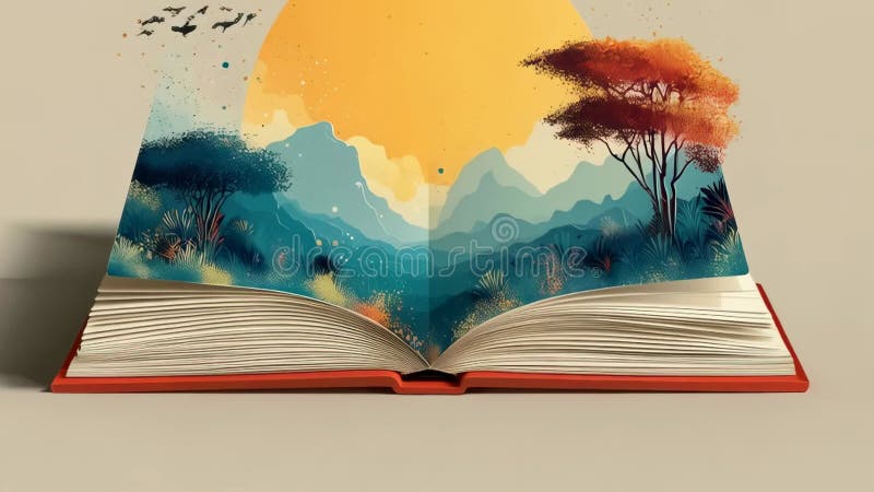 Sunset Landscape Emerging from Open Book Stock Video - Video of green ...