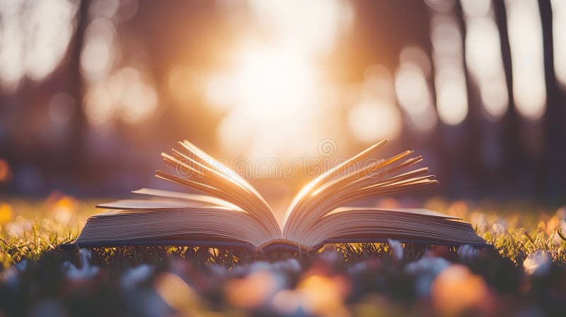 Open Book Sunset Park Grass Nature Reading Stock Image - Image of light ...