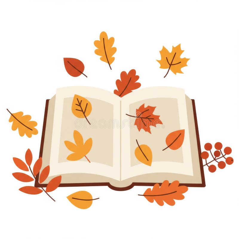 Open Book Surrounded by Colorful Autumn Leaves on a White Background ...
