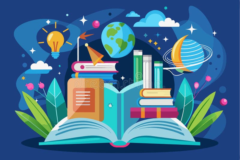 An Open Book Surrounded by Colorful Stacks of Books, Planets, and a ...