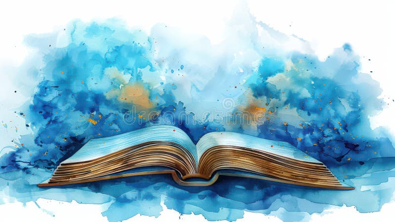 Open Book Surrounded by Creative Blue Watercolor Splashes and Abstract ...