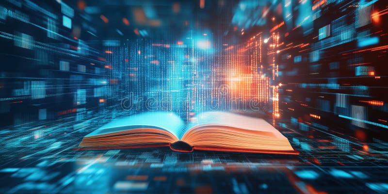 Open Book Surrounded by Digital Data Streams and Glowing Binary Code Stock Photo - Image of tech ...