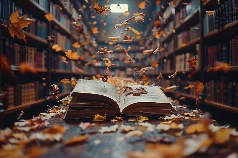 Open Book with Autumn Leaves in Library Stock Illustration ...