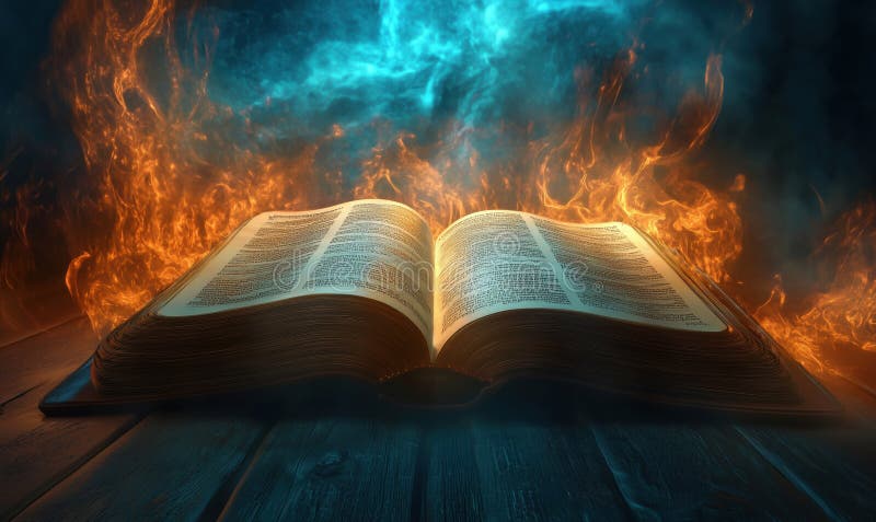 Open Book Surrounded by Flames and Smoke Creating a Dramatic Mystical ...