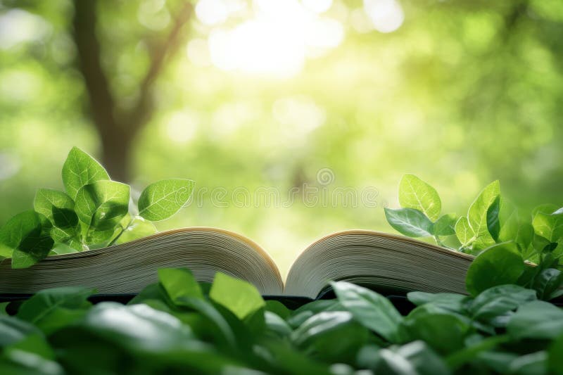 An Open Book Surrounded by Fresh Greenery in a Sunlit Forest Setting ...