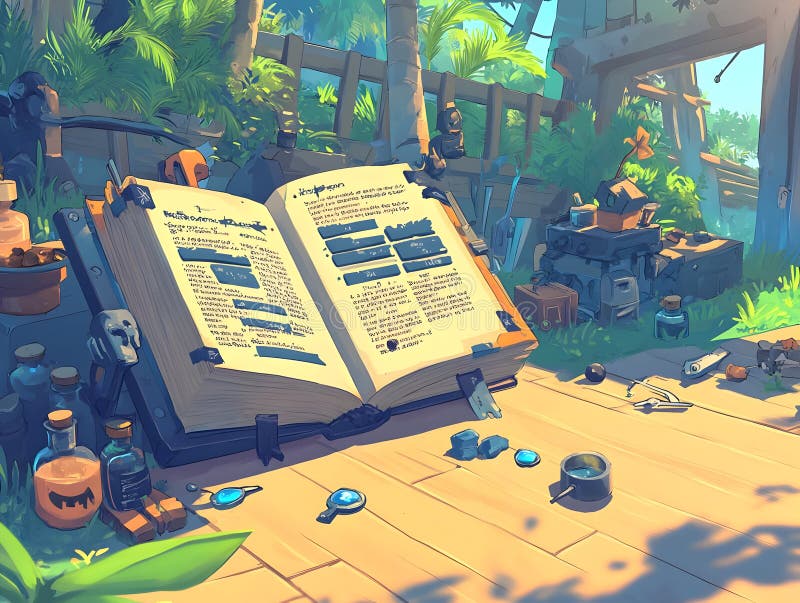 An Open Book Surrounded by Potions and Tools in a Lush, Vibrant ...