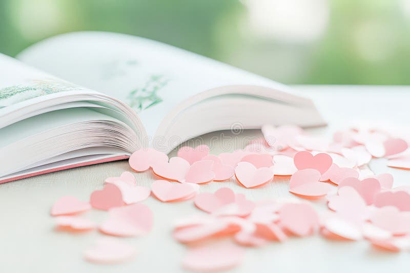 Open Book Surrounded by Scattered Pink Heart Confetti on a Soft Table ...