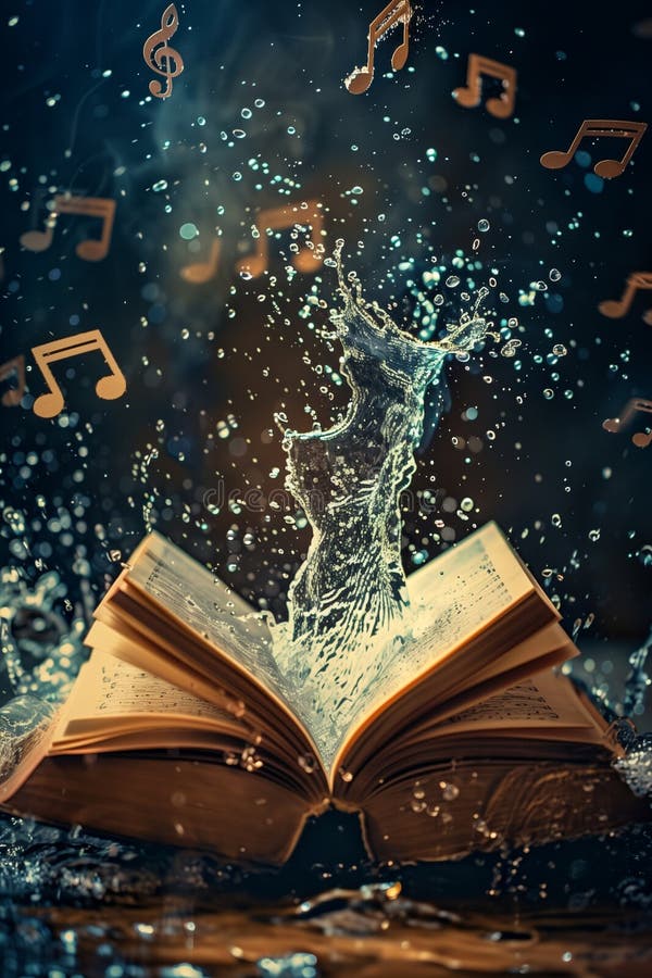 Open Book Surrounded by Splashing Water and Exploding Music Notes ...